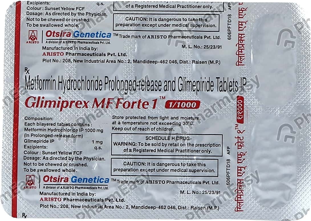 Glimiprex Mf Forte 1/1000mg Strip Of 10 Tablets: Uses, Side Effects ...