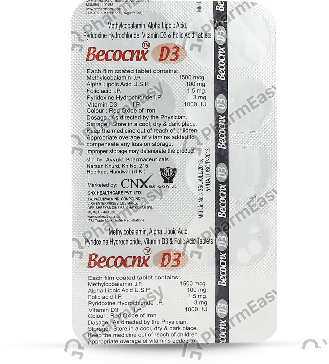 Becocnx D3 Strip Of 10 Tablets: Uses, Side Effects, Price & Dosage ...