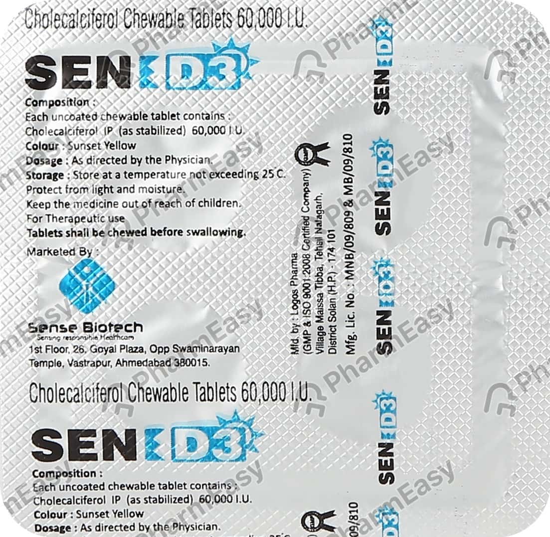 Sen D3 60000 IU Chewable Tablet (4): Uses, Side Effects, Price & Dosage ...