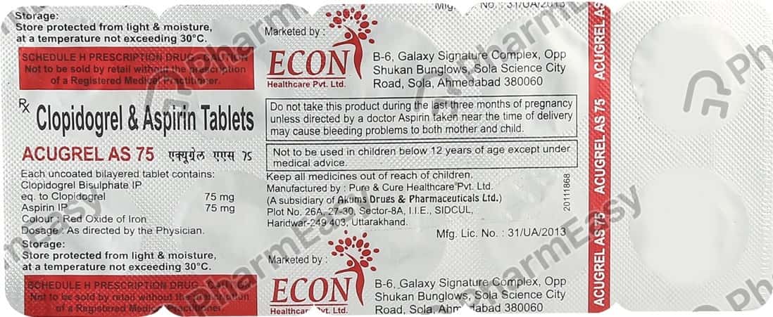 Acugrel As 75 Strip Of 10 Tablets: Uses, Side Effects, Price & Dosage ...