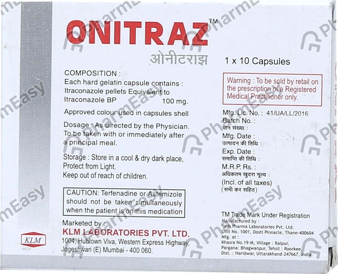 Onitraz 100 MG Capsule (10): Uses, Side Effects, Price & Dosage | PharmEasy