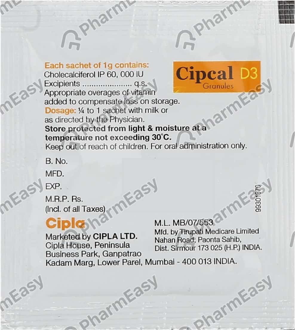 Cipcal D3 60000 IU Granules (1): Uses, Side Effects, Price, Dosage ...