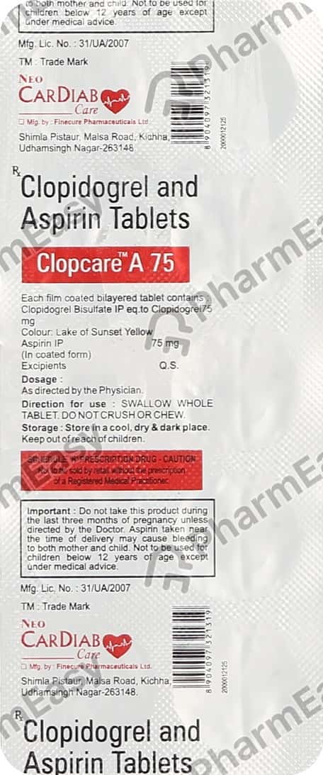 Clopcare A 75 Strip Of 10 Tablets: Uses, Side Effects, Price & Dosage ...