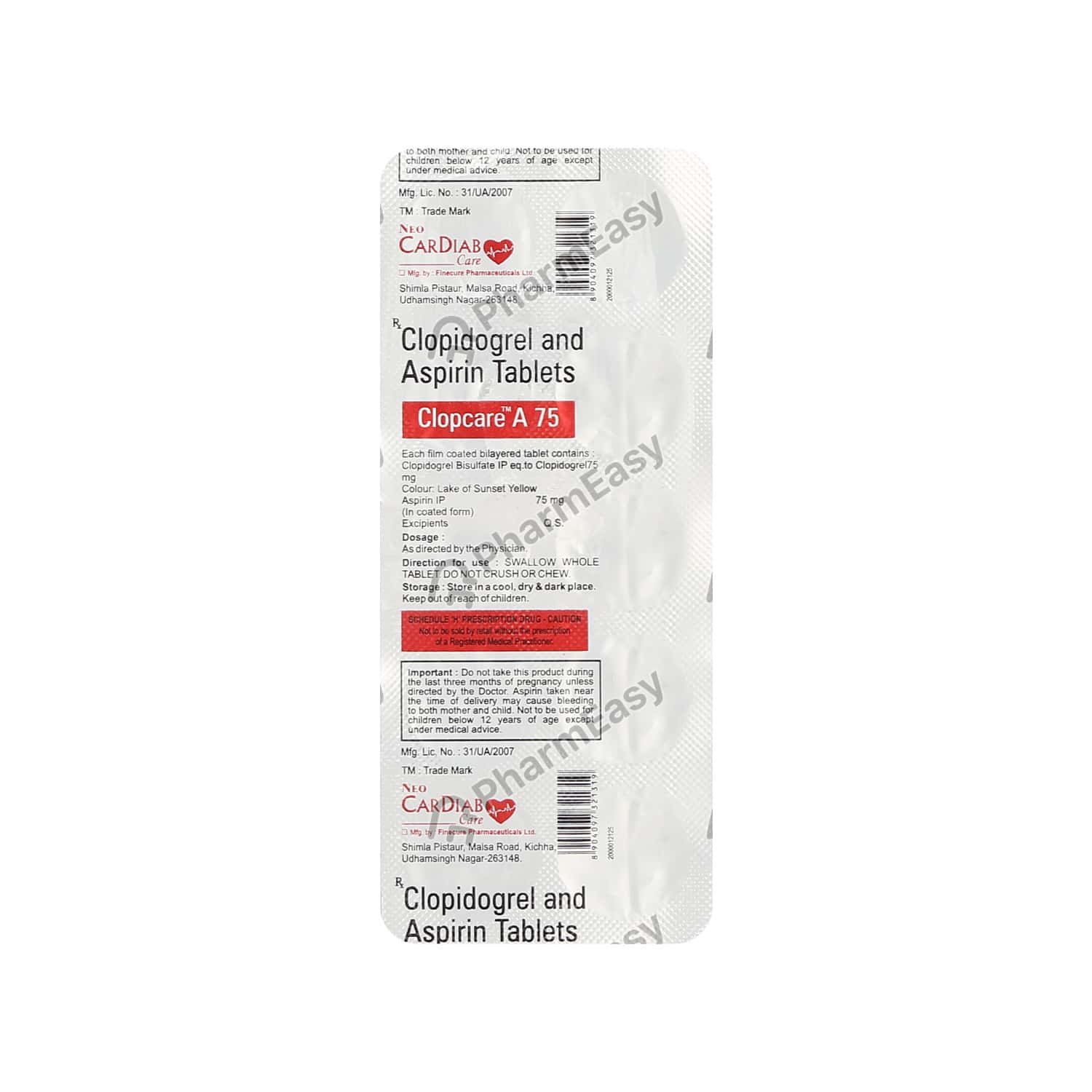 Clopcare A 75 Strip Of 10 Tablets - Uses, Side Effects, Dosage ...