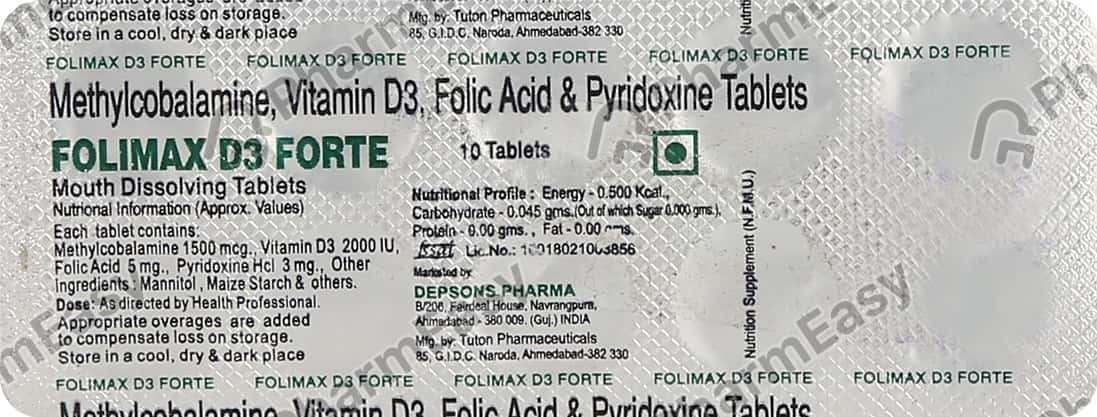 Folimax D3 Forte Sugar Free Strip Of 10 Tablets: Uses, Side Effects ...