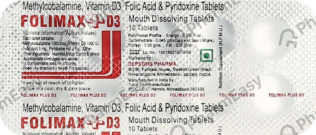 Buy Folimax Plus D3 Mouth Dissolving Sugar Free Strip Of 10 Tablets ...