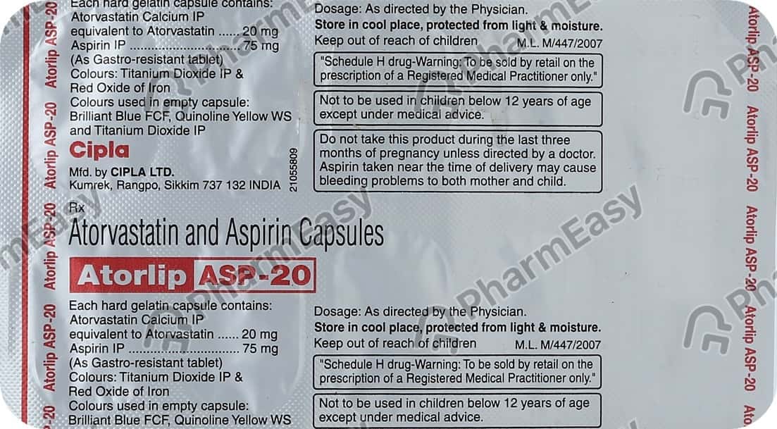 Atorlip Asp 20 Strip Of 10 Capsules: Uses, Side Effects, Price & Dosage ...