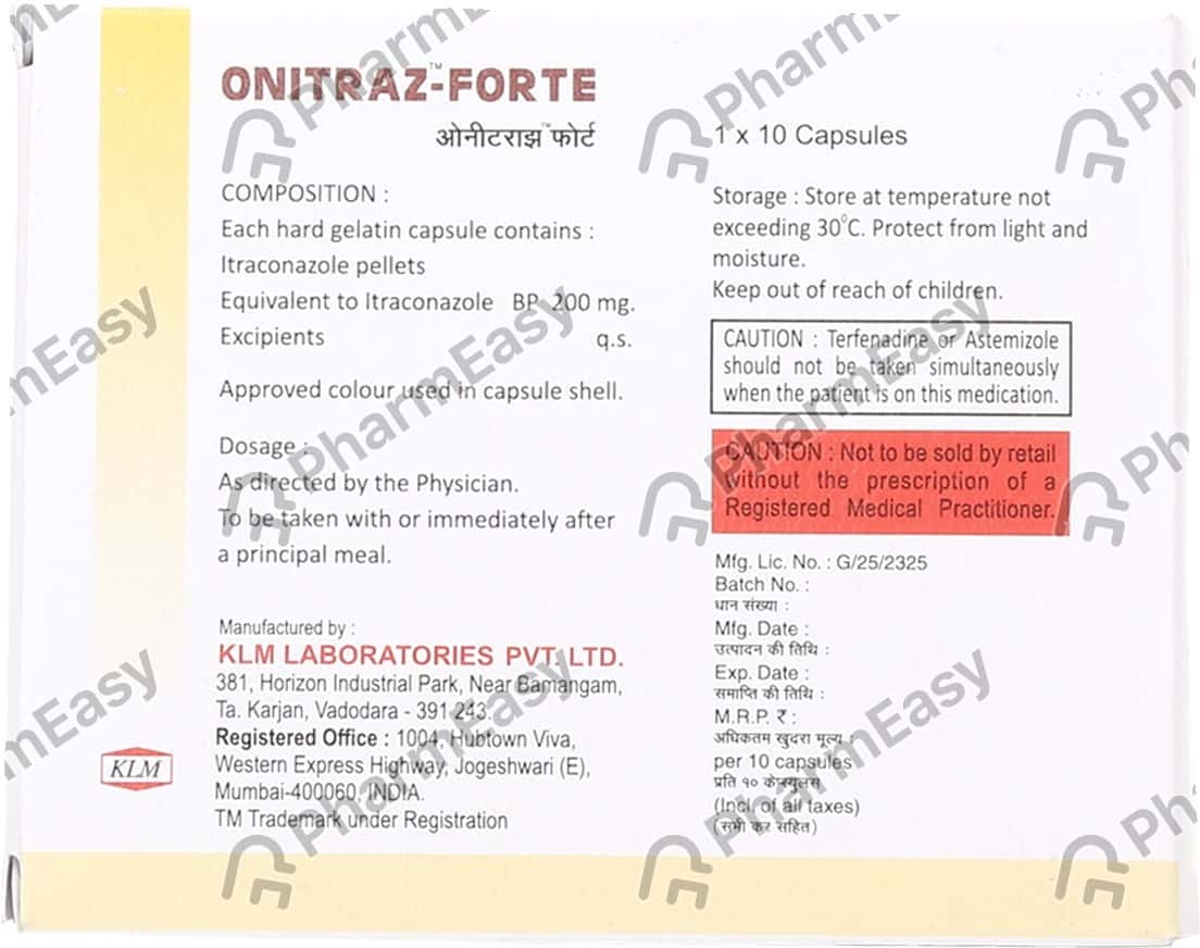 Onitraz Forte 200 MG Capsule (10): Uses, Side Effects, Price & Dosage ...