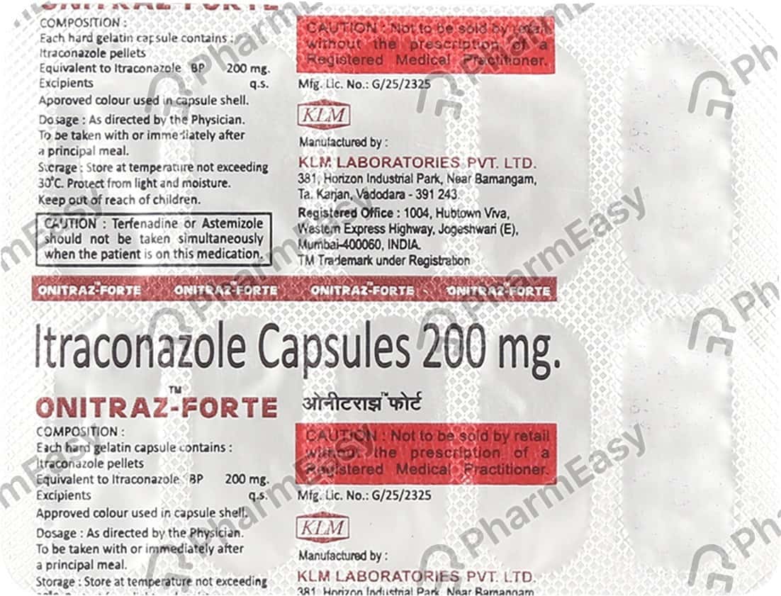 Onitraz Forte 200 MG Capsule (10): Uses, Side Effects, Price & Dosage ...