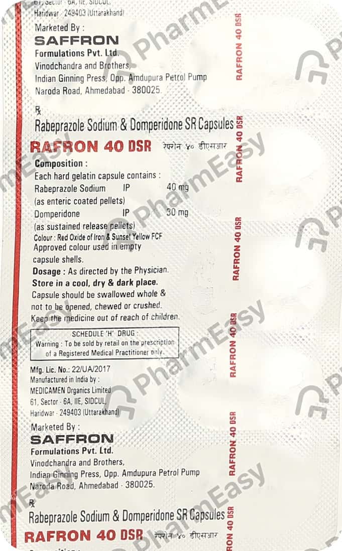 Rafron 40mg Dsr Strip Of 10 Capsules: Uses, Side Effects, Price ...