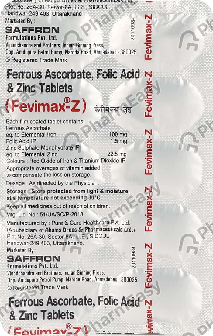 Fevimax Z Strip Of 10 Tablets: Uses, Side Effects, Price & Dosage ...