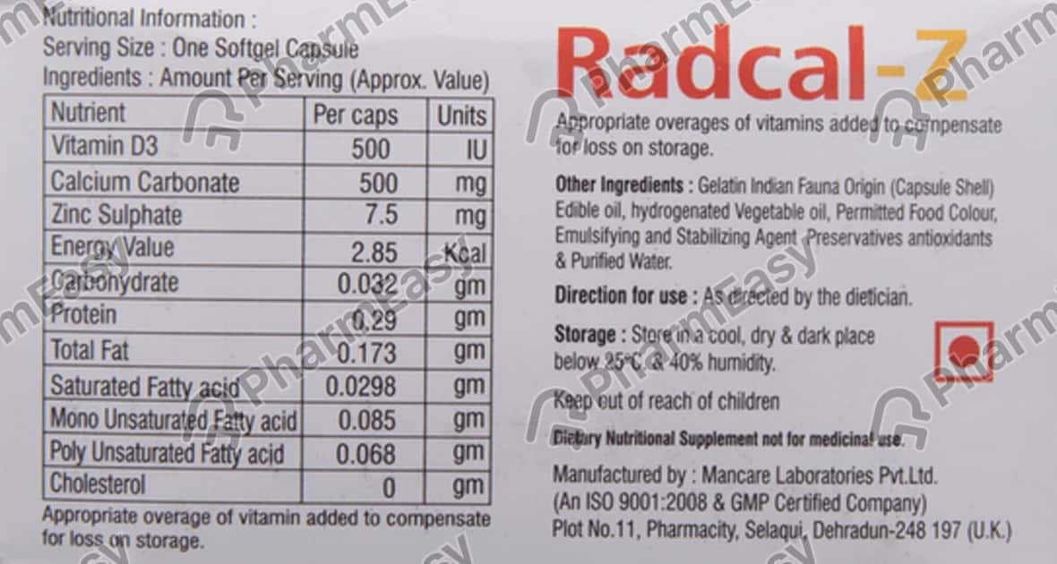 Radcal Z Strip Of 10 Capsules: Uses, Side Effects, Price & Dosage ...