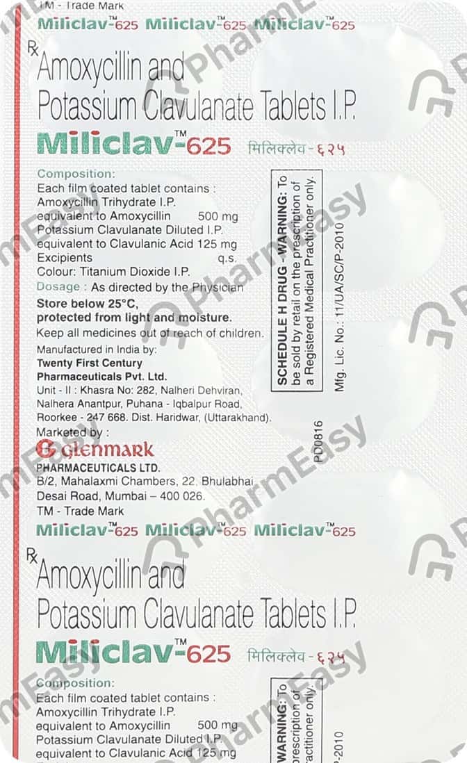Miliclav 625mg Strip Of 10 Tablets: Uses, Side Effects, Price & Dosage ...
