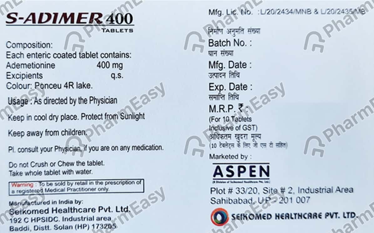 S Adimer 400 MG Tablet (10): Uses, Side Effects, Price & Dosage | PharmEasy