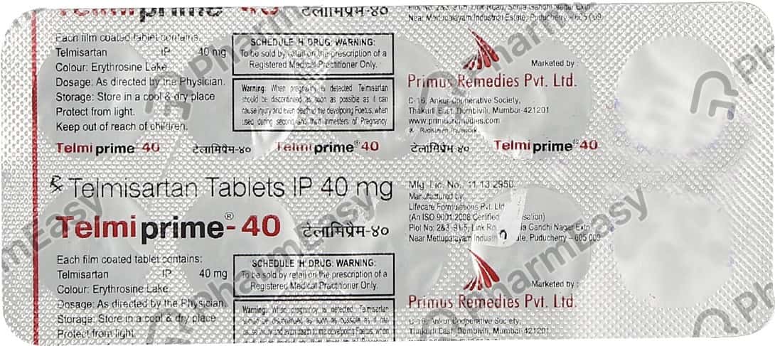 Telmiprime 40 MG Tablet (10): Uses, Side Effects, Price & Dosage ...