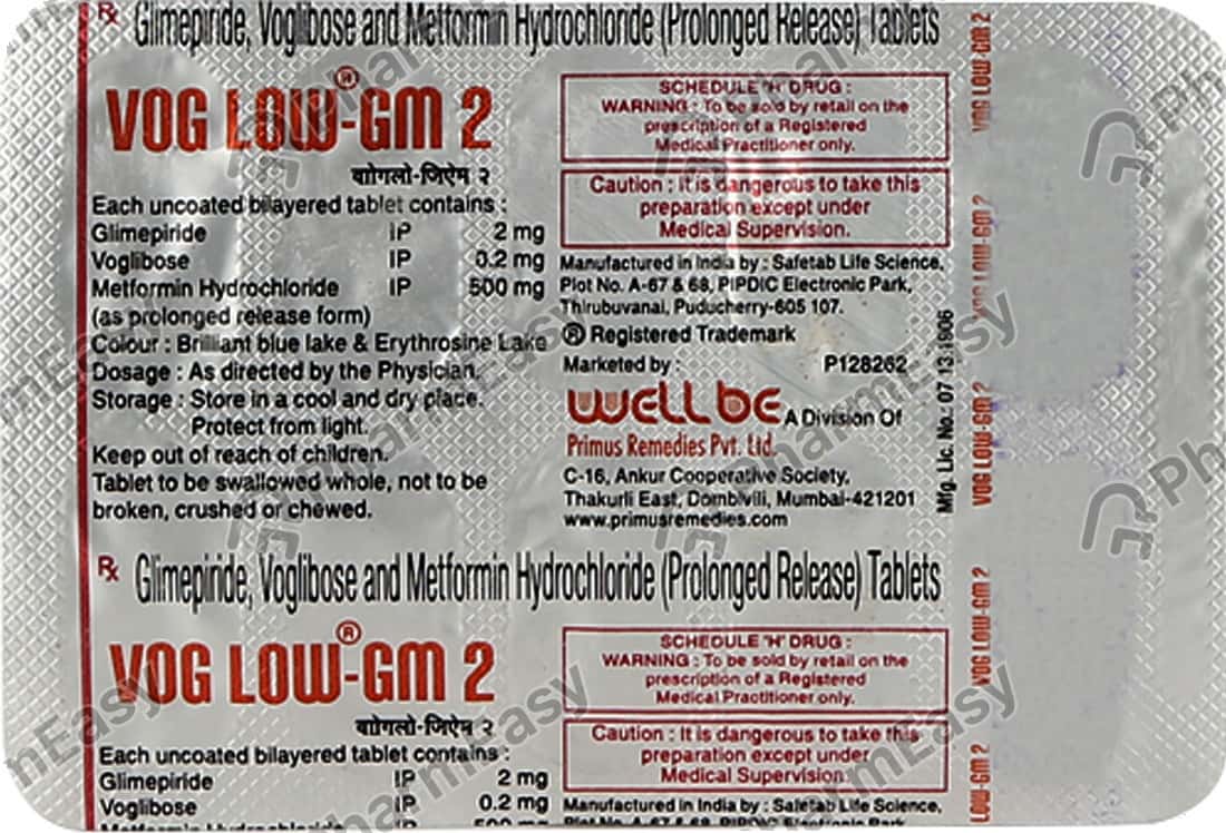 Voglow Gm 2mg Strip Of 10 Tablets: Uses, Side Effects, Price & Dosage | PharmEasy