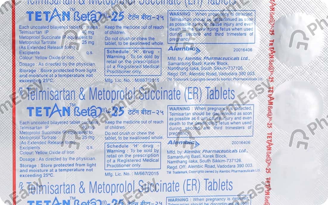 Tetan Beta 25mg Strip Of 15 Tablets: Uses, Side Effects, Price & Dosage ...