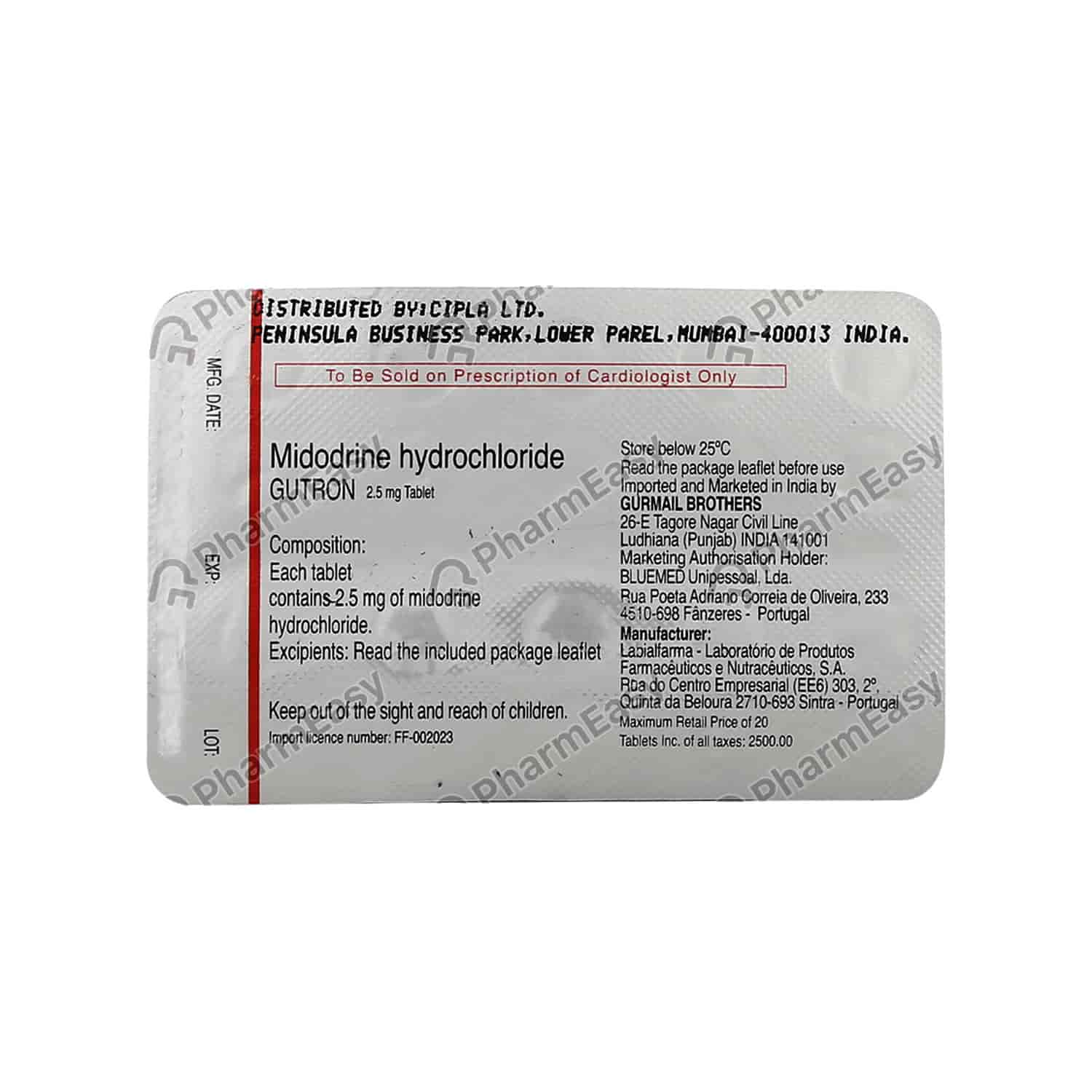Buy Gutron 2.5mg Strip Of 20 Tablets Online at flat 15% off | PharmEasy