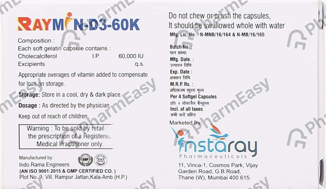 Raymin D3 60000 IU Capsule (4): Uses, Side Effects, Price & Dosage ...