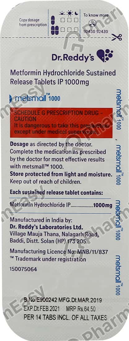 Metsmall 1000 MG Tablet (14): Uses, Side Effects, Price & Dosage ...