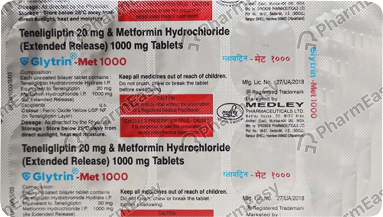 Glytrin Met 1000mg/20mg Strip Of 10 Tablets: Uses, Side Effects, Price ...