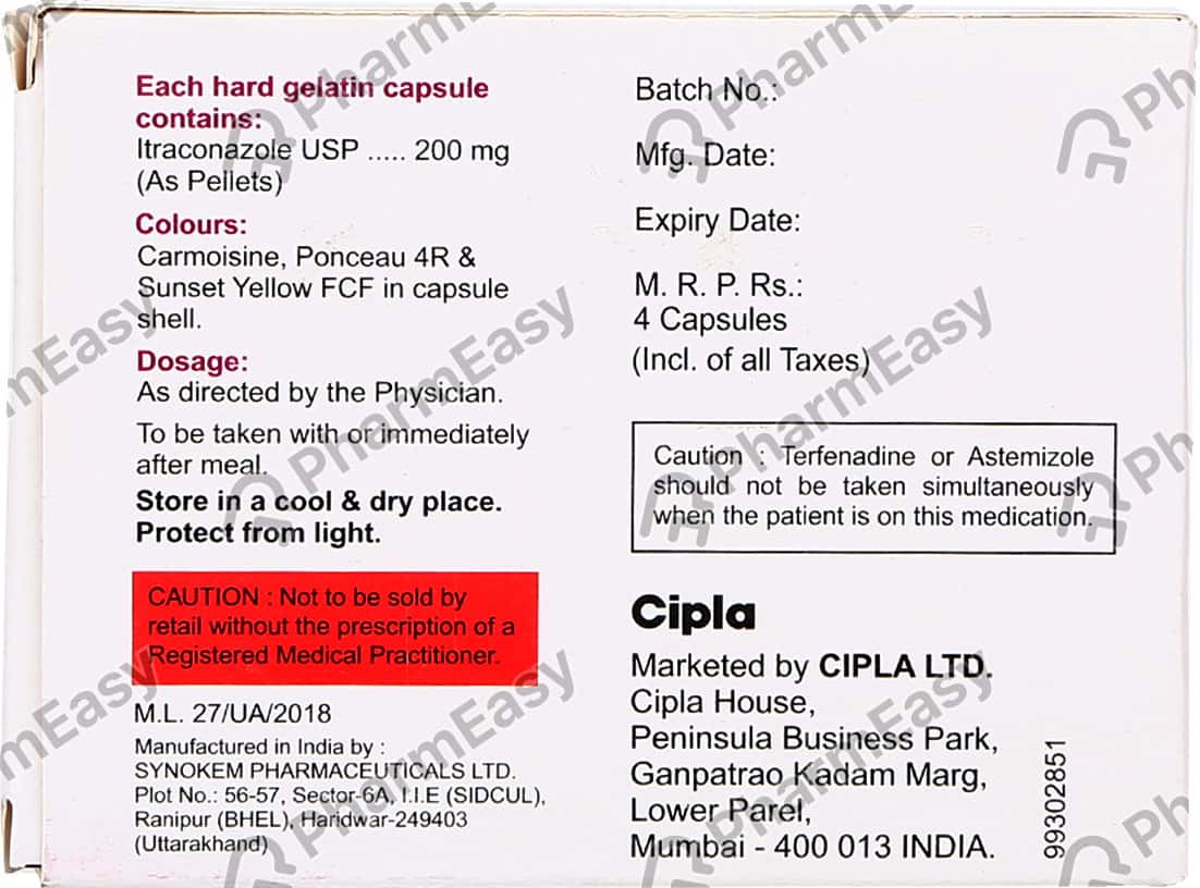 Itracip 200 MG Capsule (4): Uses, Side Effects, Price & Dosage | PharmEasy