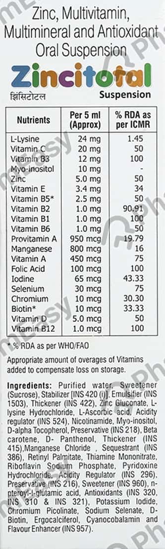 Zincitotal Suspension 200ml: Uses, Side Effects, Price & Dosage | PharmEasy