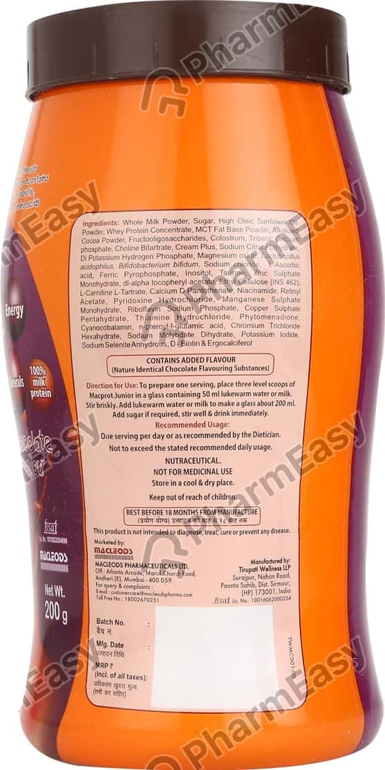 Buy MACPROT JUNIOR CHOCOLATE FLAVOUR BOTTLE OF 200GM POWDER Online ...