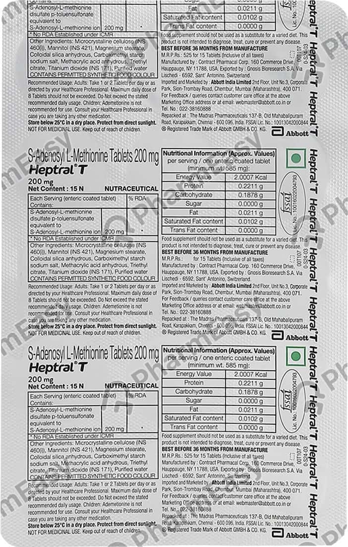 Heptral T 200 MG Tablet (15): Uses, Side Effects, Price & Dosage ...