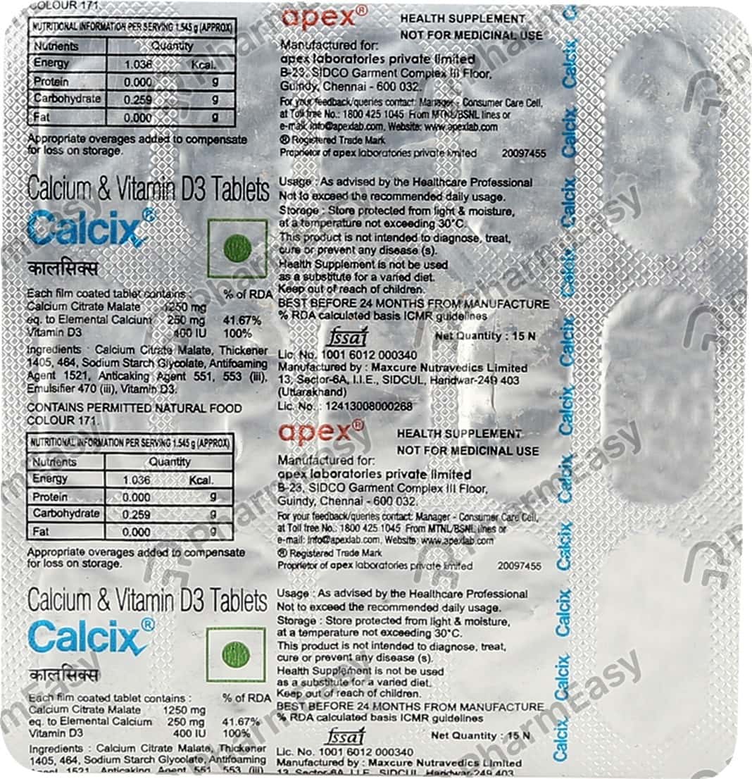 Calcix Strip Of 15 Tablets: Uses, Side Effects, Price & Dosage | PharmEasy