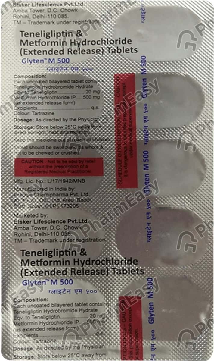 Glyten M 500mg Strip Of 10 Tablets: Uses, Side Effects, Price & Dosage ...