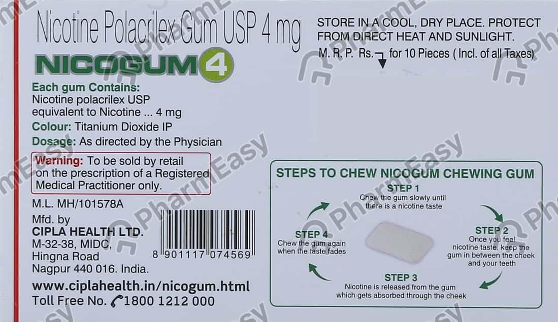 Nicogum 4 MG Chewing Gum (10): Uses, Side Effects, Price & Dosage ...