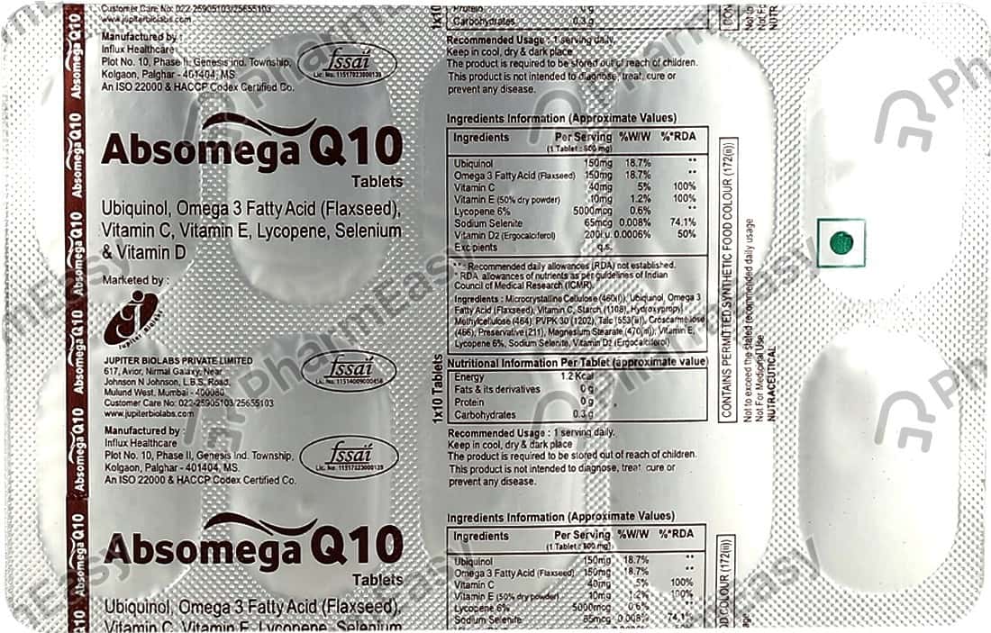 Buy Absomega Q10 Strip Of 10 Tablets Online at Flat 15% OFF | PharmEasy