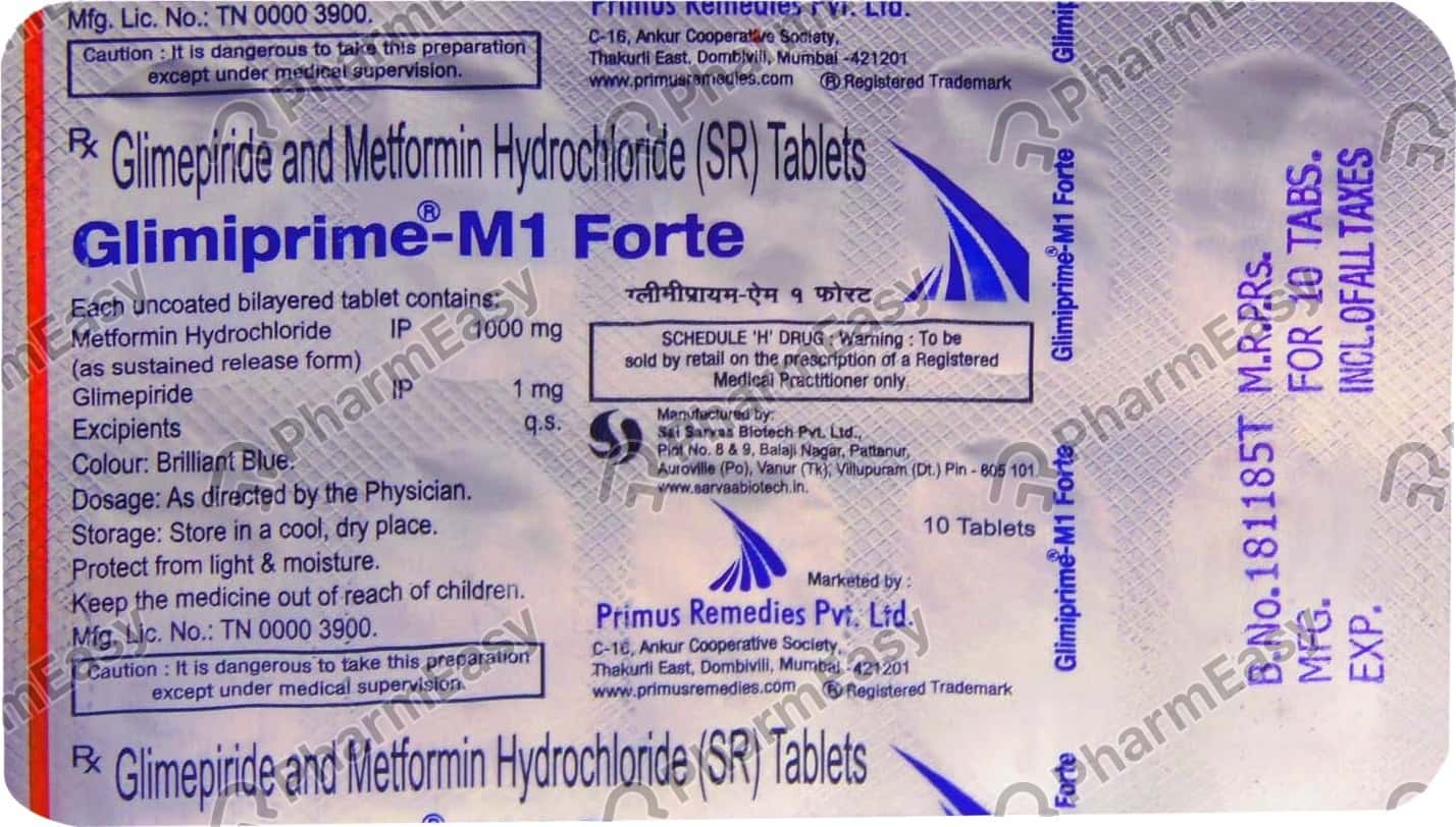 Glimiprime M 1mg Forte Strip Of 10 Tablets: Uses, Side Effects, Price & Dosage | PharmEasy