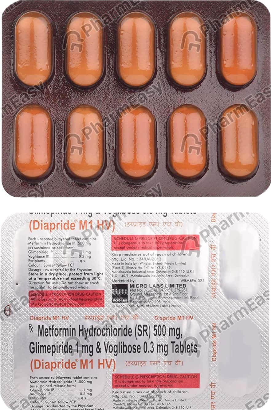 Diapride M1 Hv Strip Of 10 Tablets: Uses, Side Effects, Price & Dosage ...