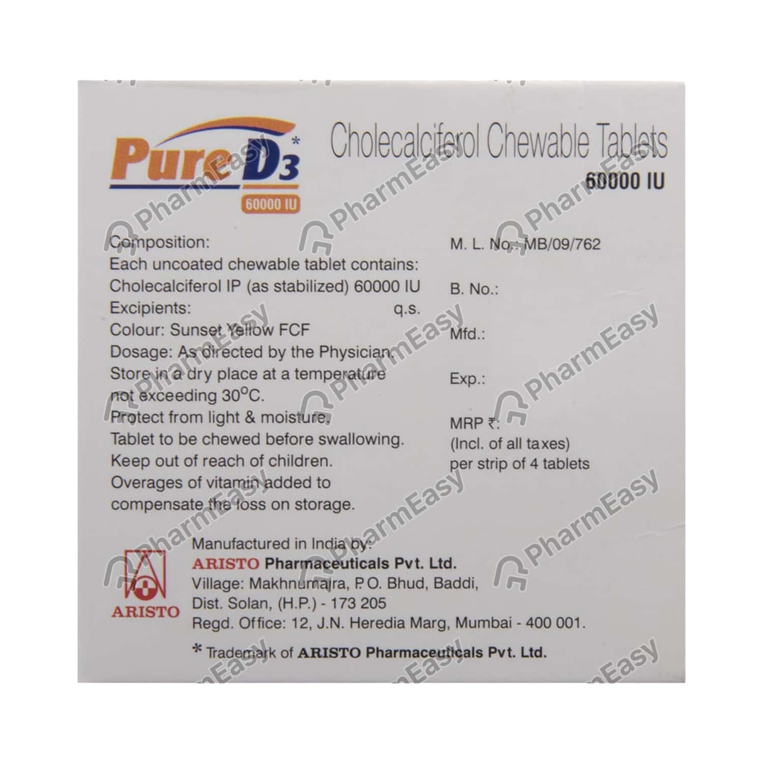 Pure D3 60000 IU Tablet (4) - Uses, Side Effects, Dosage, Composition ...
