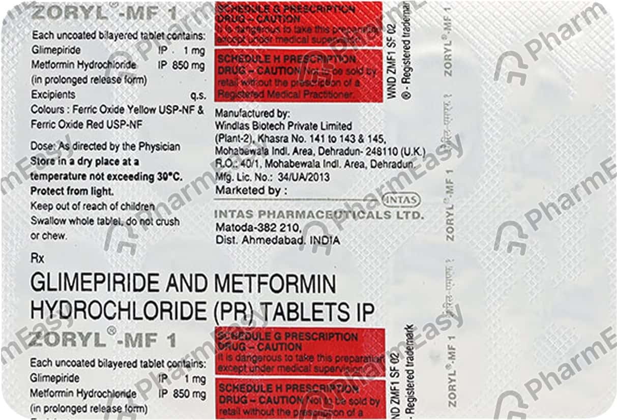 Zoryl Mf 1 Strip Of 10 Tablets: Uses, Side Effects, Price & Dosage | PharmEasy