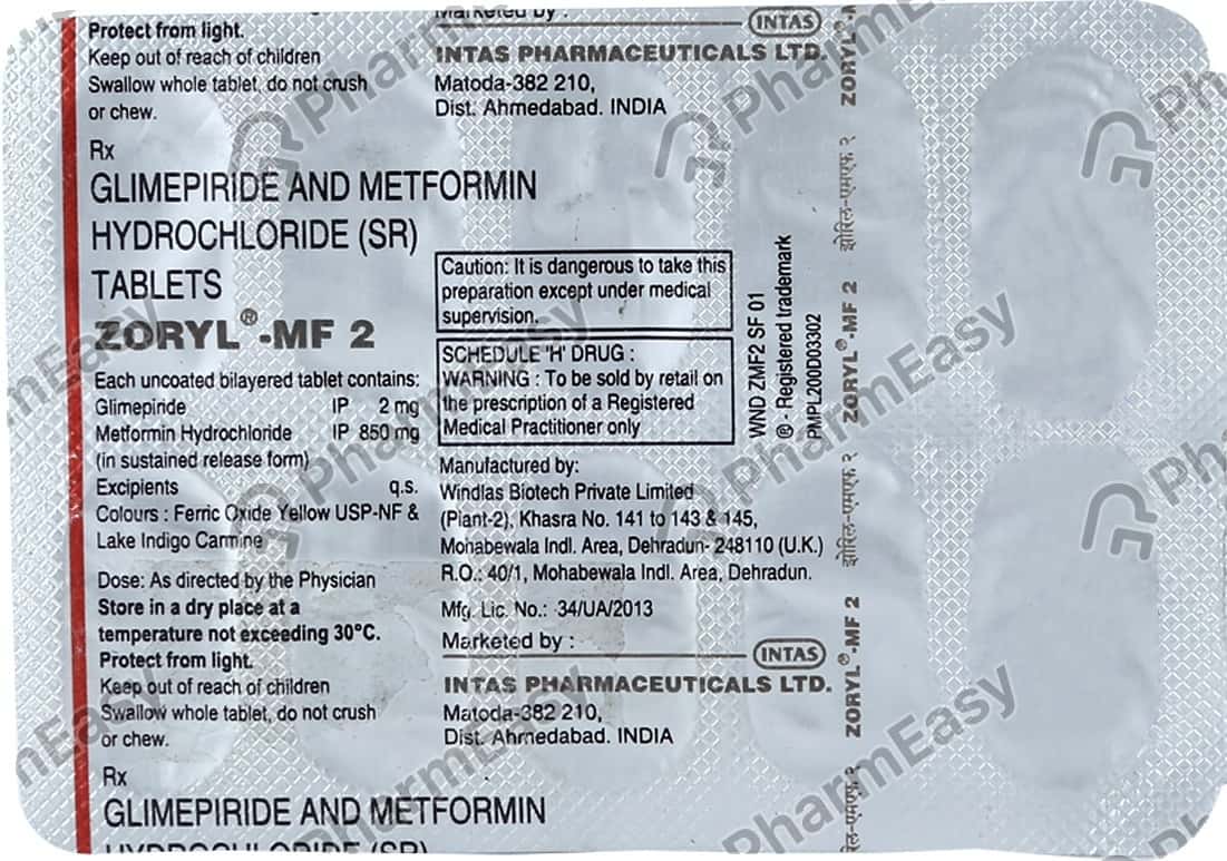Zoryl Mf 2 Strip Of 10 Tablets: Uses, Side Effects, Price & Dosage | PharmEasy