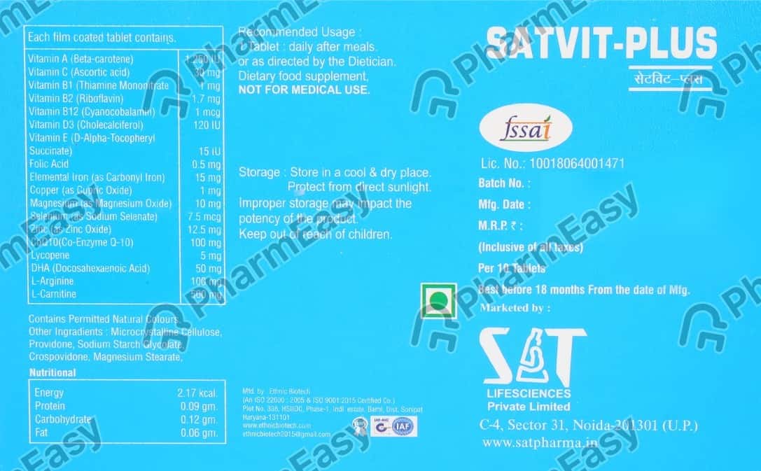 Buy Satvit Plus Strip Of 10 Tablets Online at Flat 15% OFF | PharmEasy