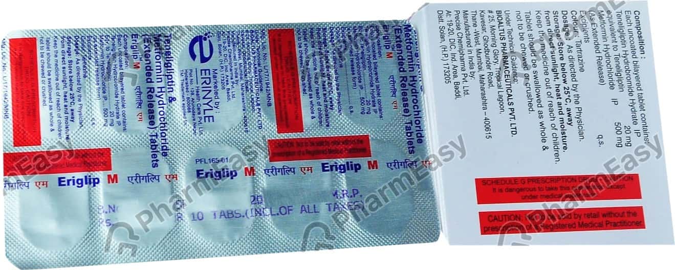 Eriglip M 20/500 Mg Strip Of 10 Tablets: Uses, Side Effects, Price ...