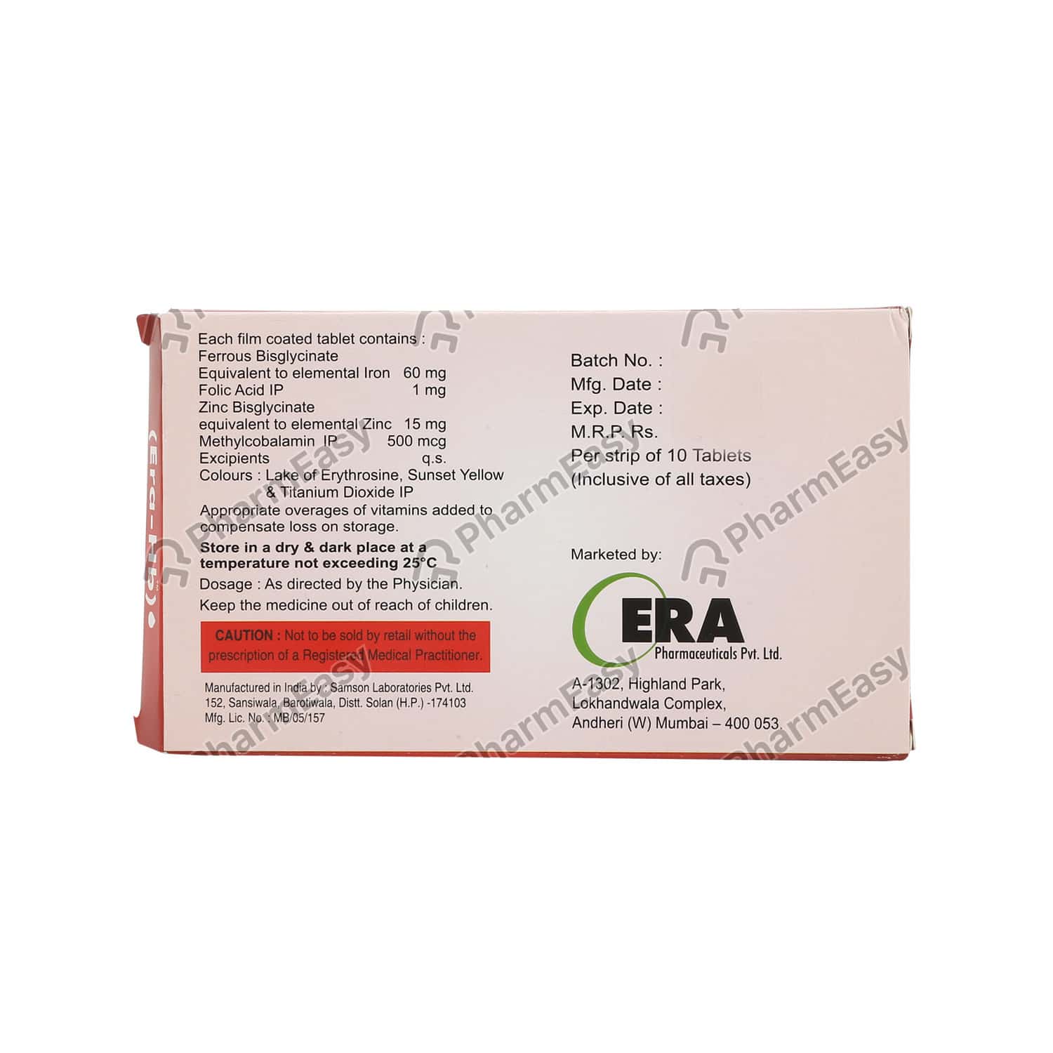 Era Hb Tab 10'S - Uses, Side Effects, Dosage, Composition & Price ...