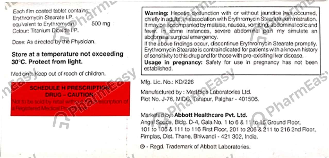 Erythrocin 500 MG Tablet (10): Uses, Side Effects, Price & Dosage ...