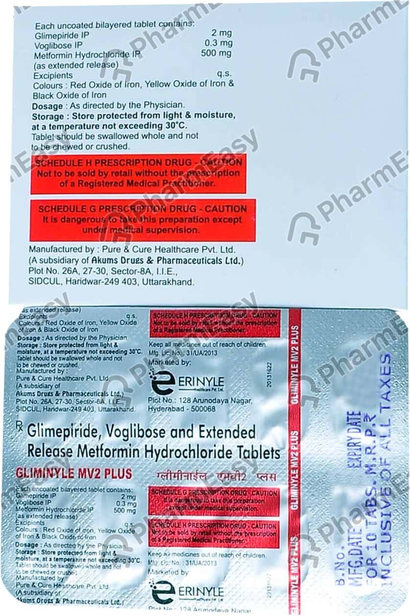 Gliminyle Mv 2mg Plus Strip Of 10 Tablets: Uses, Side Effects, Price ...