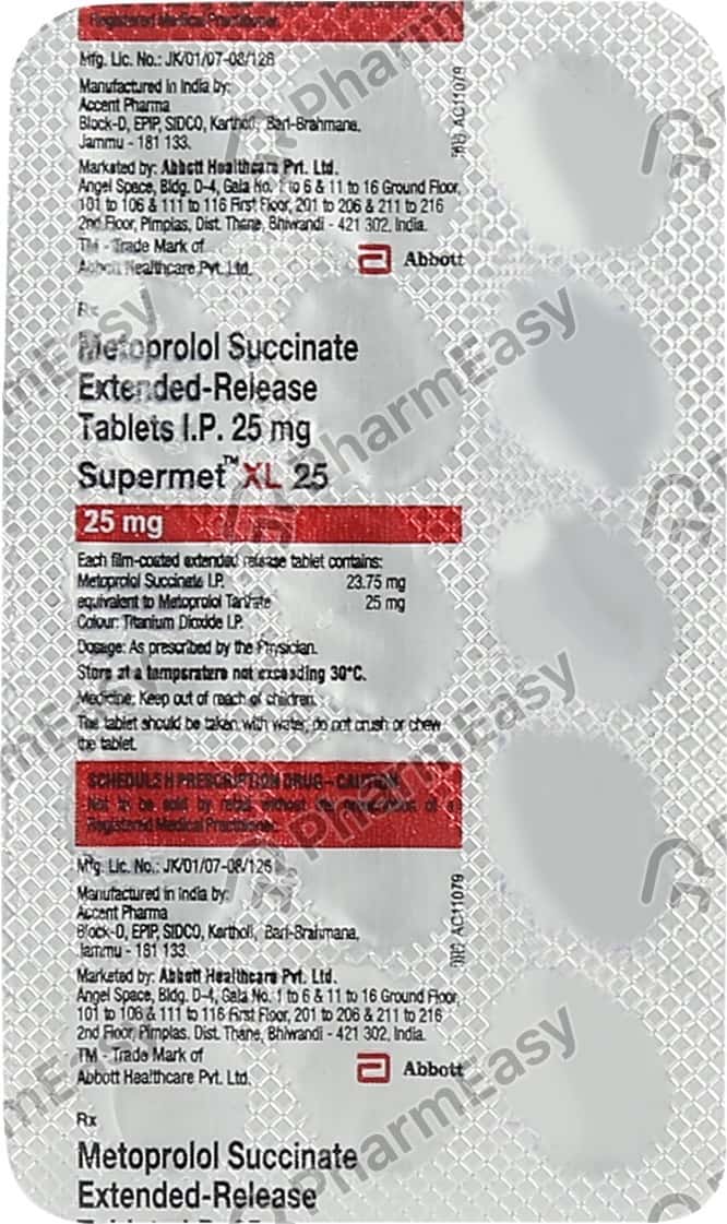 Supermet Xl Er 25 MG Tablet (15): Uses, Side Effects, Price & Dosage | PharmEasy