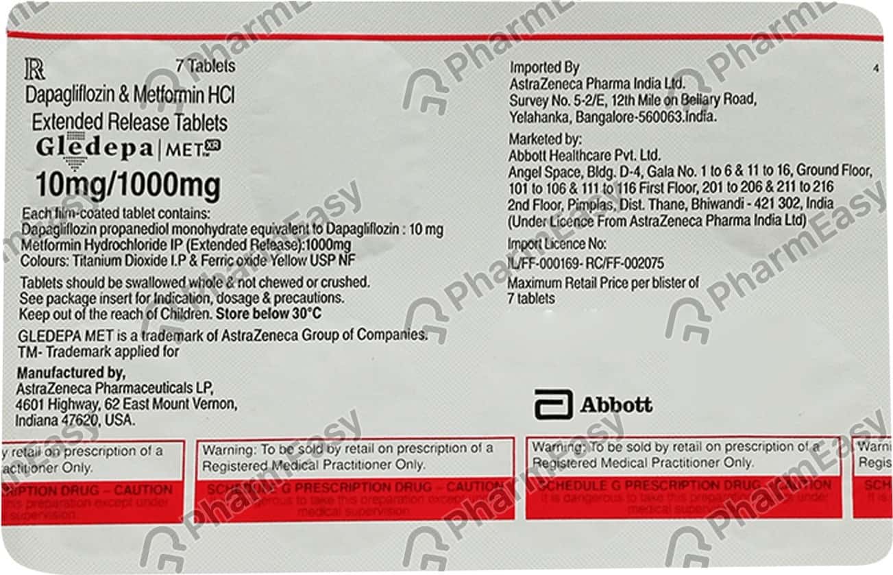 Gledepa Met Xr 10/1000mg Tablet 7'S: Uses, Side Effects, Price & Dosage ...
