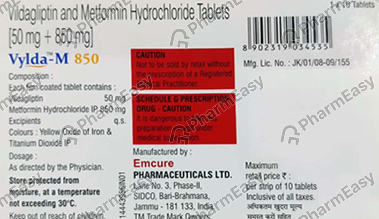 Vylda M 850mg Strip Of 10 Tablets: Uses, Side Effects, Price & Dosage ...