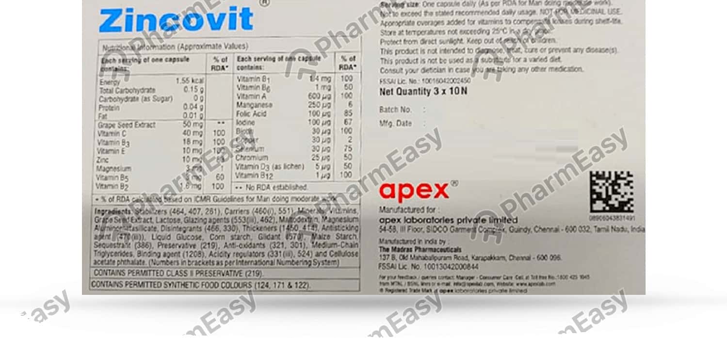 Buy ZINCOVIT STRIP OF 10 CAPSULES Online & Get Upto 60% OFF at PharmEasy