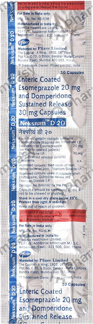 Neksium D 20mg Strip Of 10 Capsules: Uses, Side Effects, Price & Dosage ...