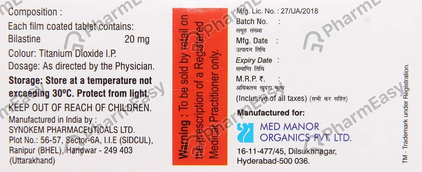 Bilahist 20 MG Tablet (10): Uses, Side Effects, Price & Dosage | PharmEasy