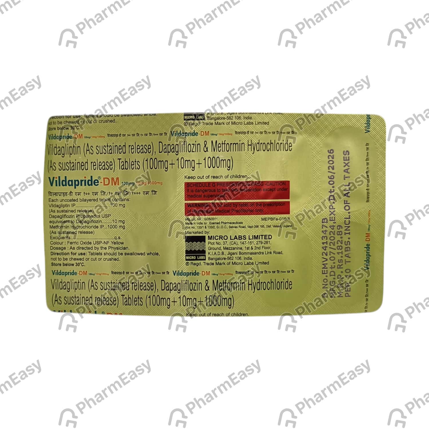Vildapride Dm 100/10/1000mg Strip Of 10 Tablets: Uses, Side Effects ...